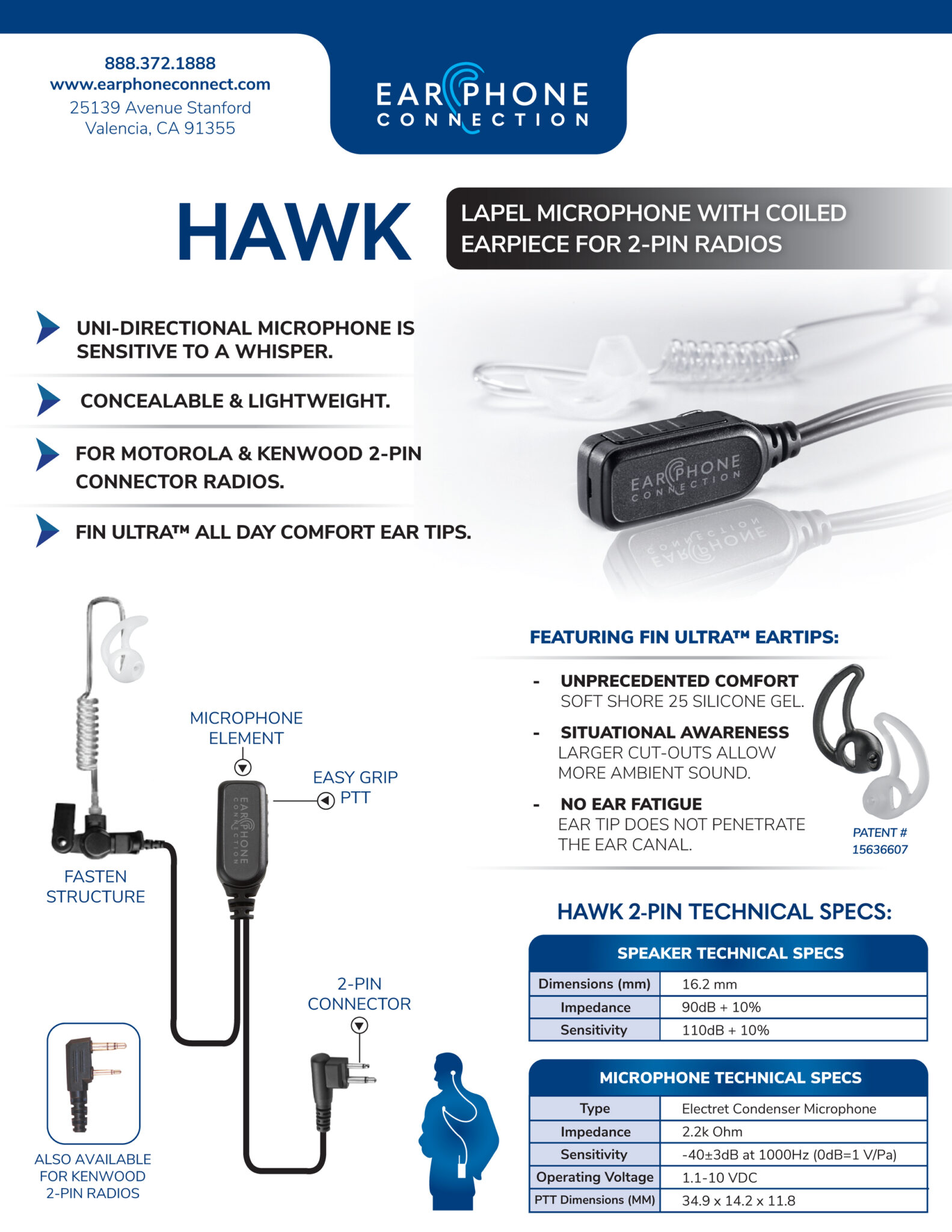Hawk EC Lapel Microphone w/ Acoustic Tube - Earphone Connection