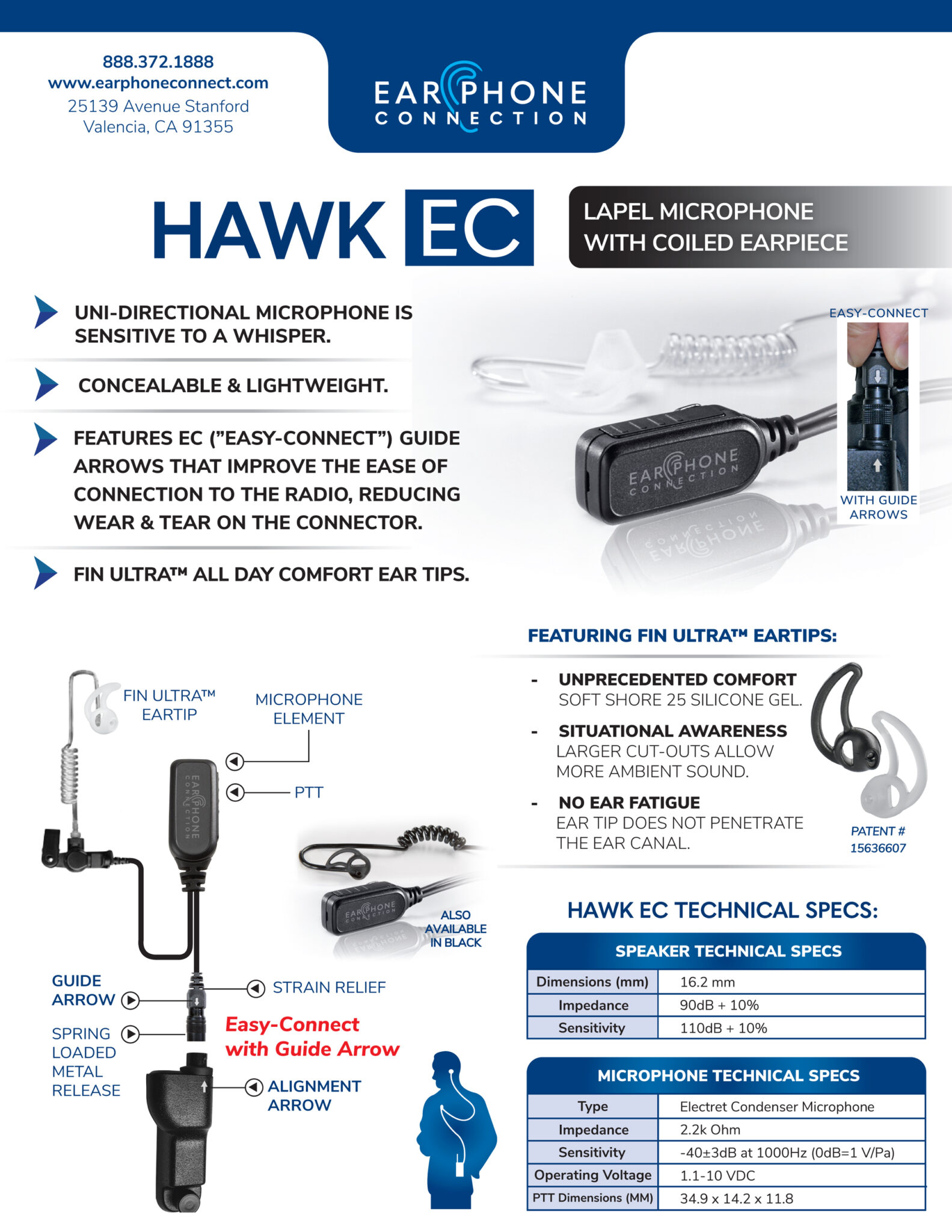 Hawk EC Lapel Microphone w/ Acoustic Tube - Earphone Connection