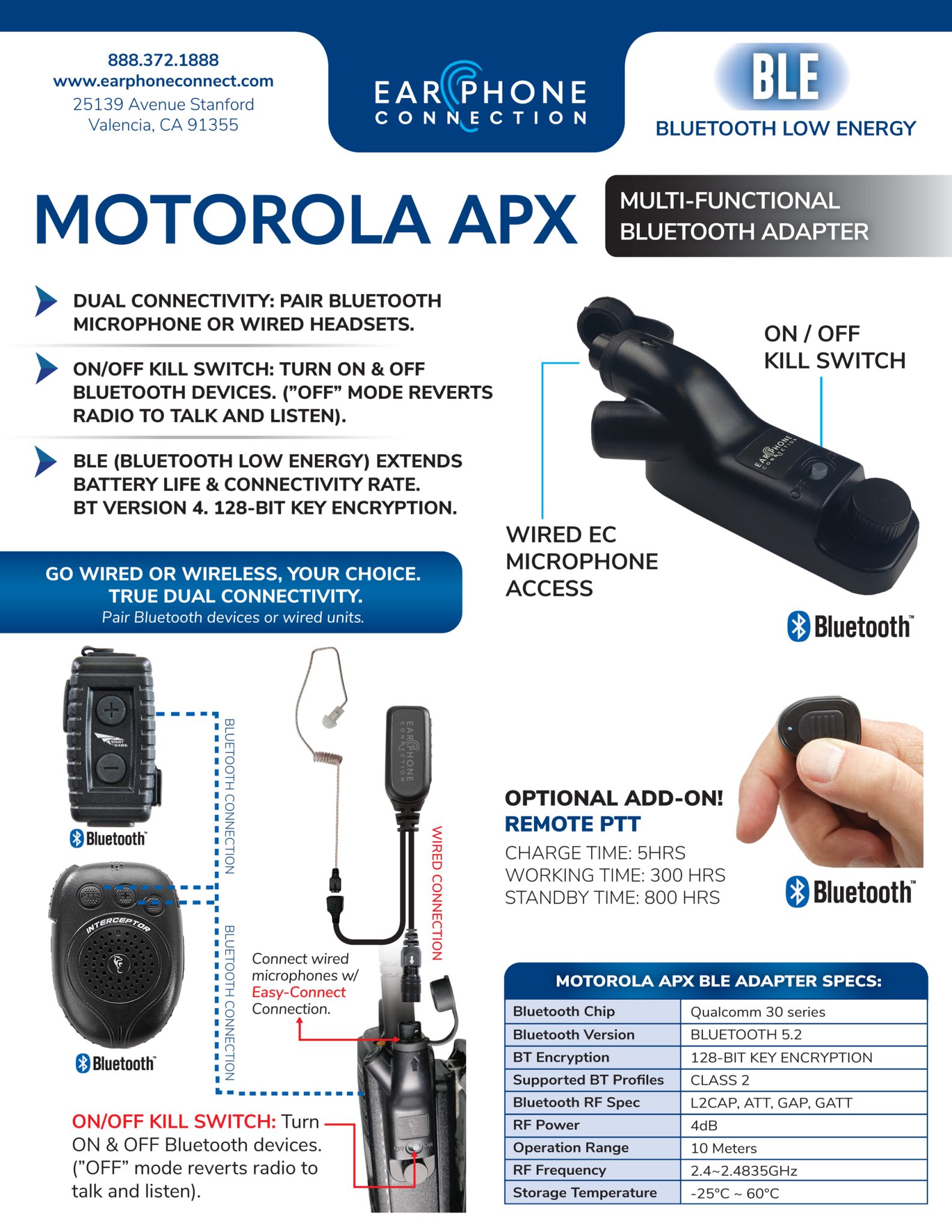 Motorola APX Multi-Functional BLE Bluetooth Adapter - Earphone Connection