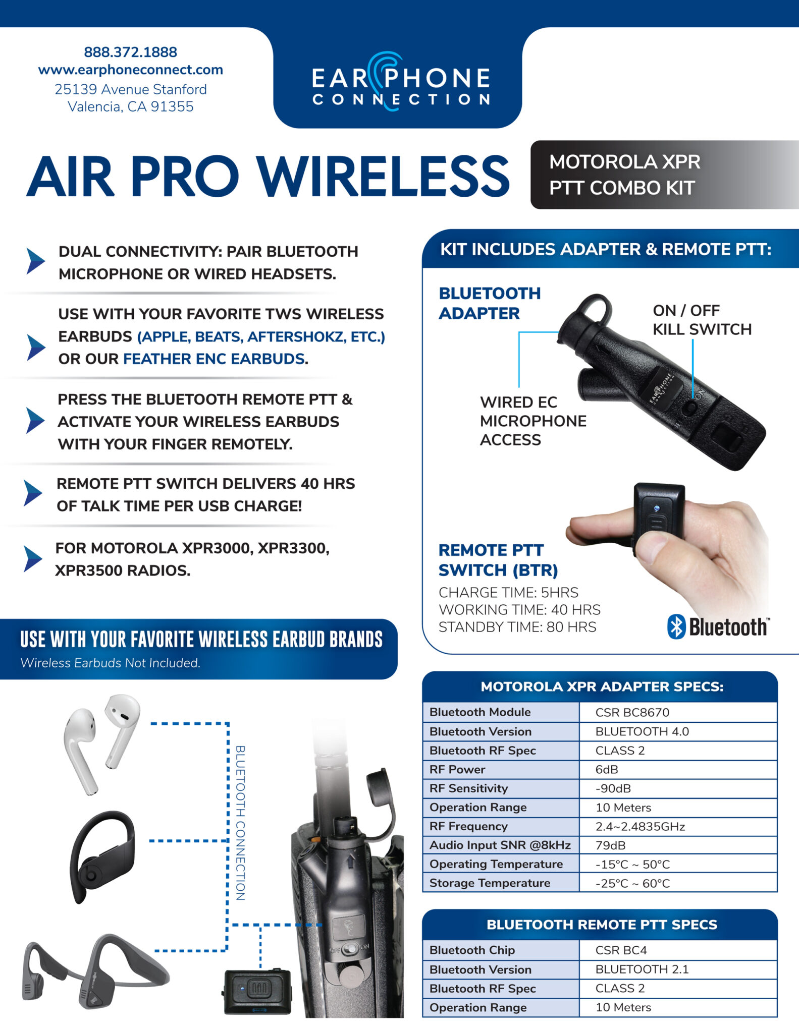 Air Pro Wireless Motorola APX, XPR & R7 BLE Kit for Bluetooth Earbuds ...