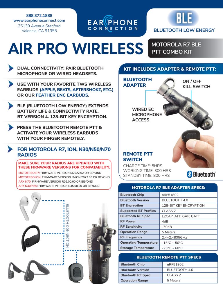 Air Pro Wireless Motorola Multi-Pin Radio Kit for Bluetooth Earbuds ...