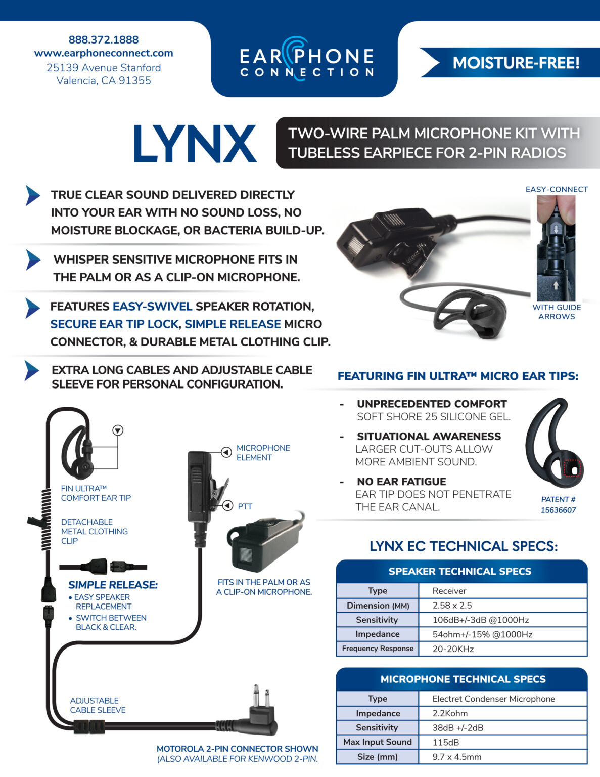 Lynx EC 2-Wire Tubeless Surveillance Kit - Earphone Connection