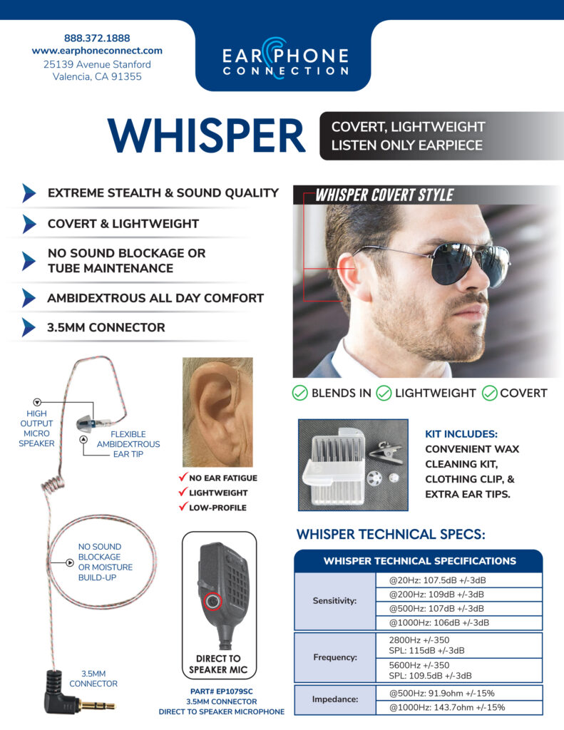 Whisper Covert Listen Only Earpiece - EarPhone Connection