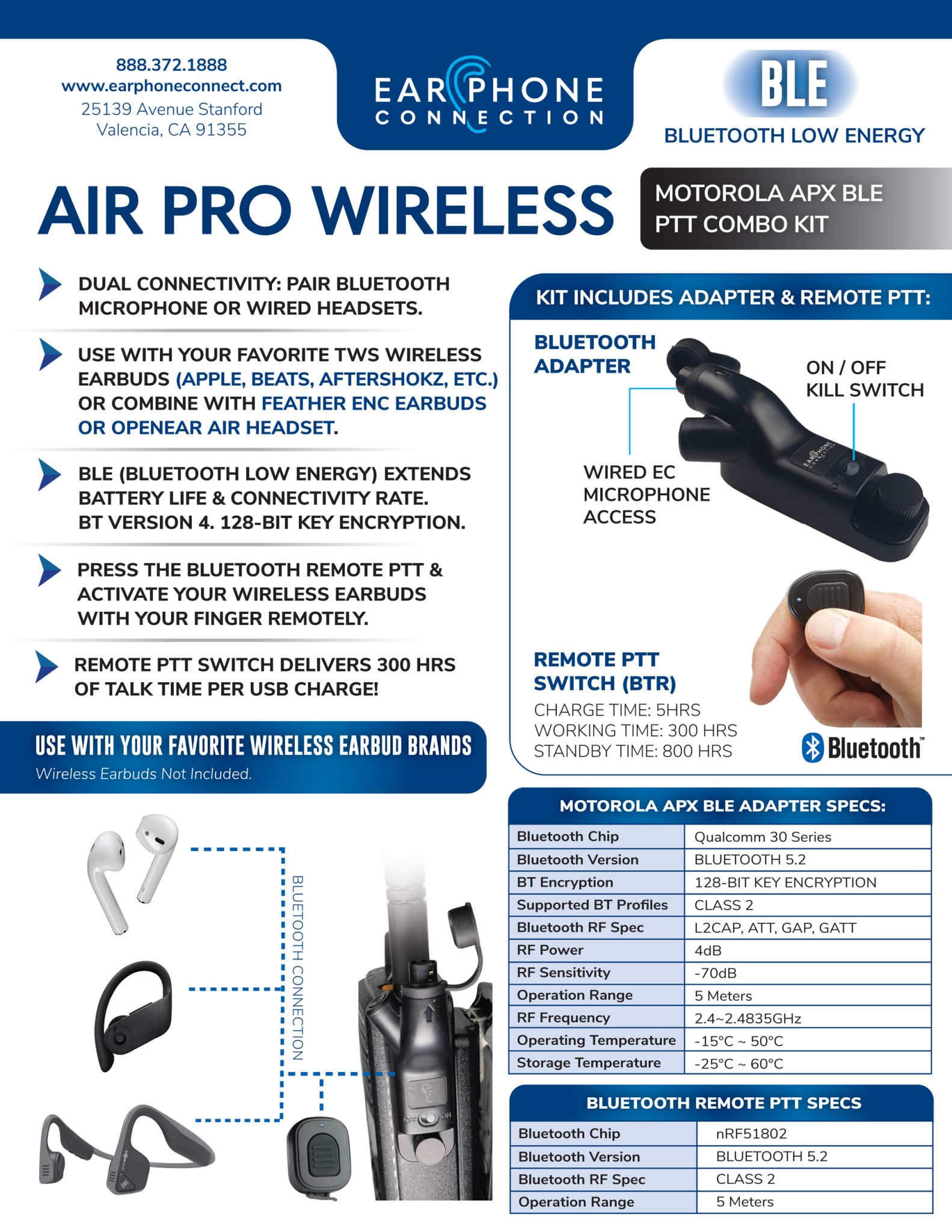 Air Pro Wireless Motorola Multi-Pin Radio Kit for Bluetooth Earbuds ...